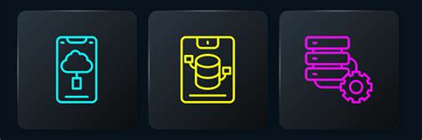 클라우드 기술 데이터 전송 서버 및 기어 및 서버 데이터 웹 호스팅을 설정합니다 검은색 사각형 버튼입니다 벡터 검은색에 대한