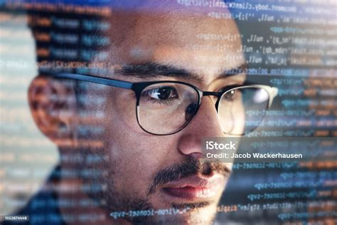 Man Face And Programming At Night With Overlay Or Dashboard Of Code Malware Or Software At The