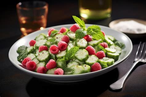 A Cucumber And Raspberry Salad With A Mint Garnish Premium Ai