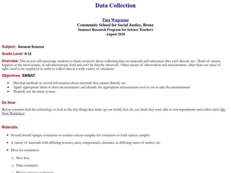 Data Collection Lesson Plan For 6th 12th Grade Lesson Planet