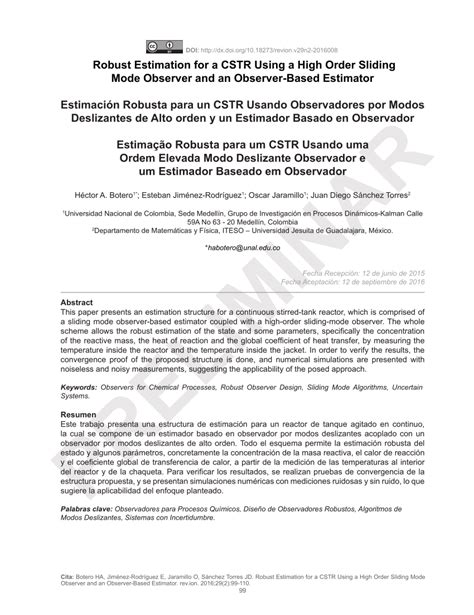 Pdf Robust Estimation For A Cstr Using A High Order Sliding Mode Observer And An Observer