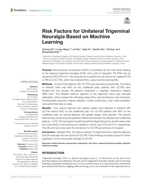 Pdf Risk Factors For Unilateral Trigeminal Neuralgia Based On Machine Learning