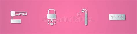Set Paper Cut Marked Key Key Broke Inside Of Padlock Crowbar And Password Protection Icon