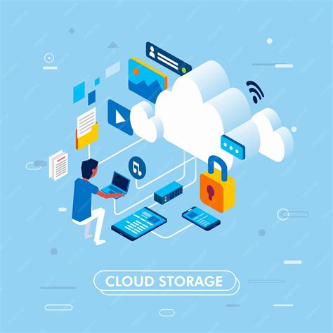 Premium Vector Modern Isometric Design Of Cloud Storage Concept With Man Working On Laptop