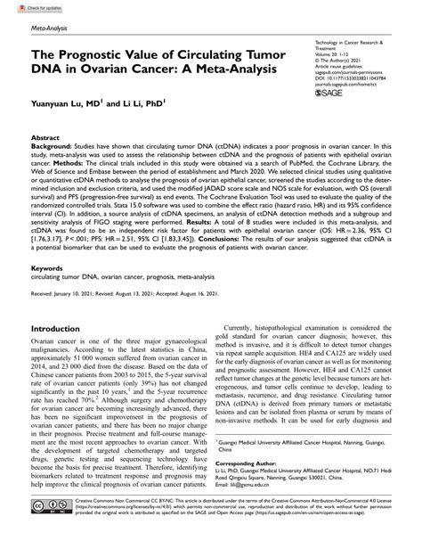 Pdf The Prognostic Value Of Circulating Tumor Dna In Ovarian Cancer