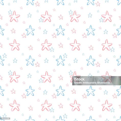 손으로 그린 수채화 파란색과 분홍색 별은 흰색 배경에 분리된 매끄러운 패턴입니다 섬유 직물 선물 포장 및 벽지 디자인에 사용할