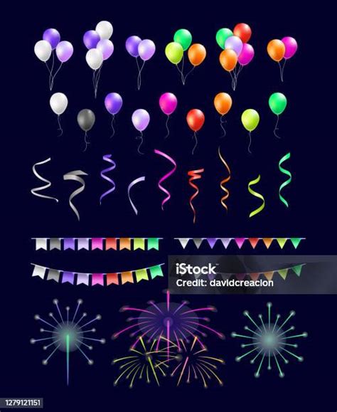 검은 배경에 현실적인 고립 된 다채로운 풍선과 스트리머의 집합 격리된 벡터 요소 3차원 형태에 대한 스톡 벡터 아트 및 기타