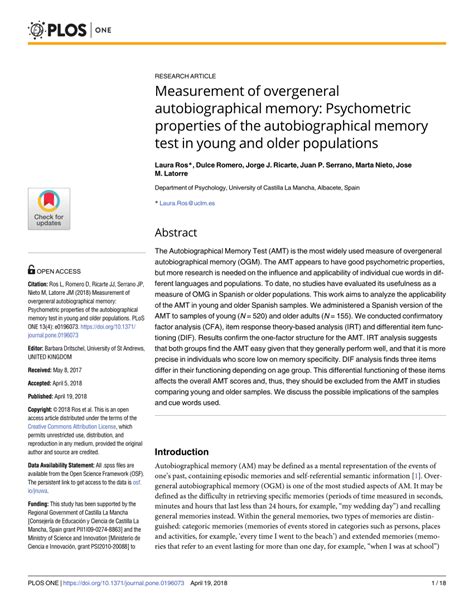 Pdf Measurement Of Overgeneral Autobiographical Memory Psychometric Properties Of The
