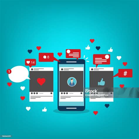 바이러스 성 콘텐츠 소셜 활동 및 Smm 모바일 화면에 나타나는 좋아요 공유 및 의견 벡터 일러스트레이션 Brand Name Online Messaging Platform에