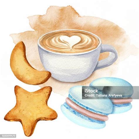 커피 한 잔 쿠키 마카롱 비스킷의 수채화 세트 손으로 그린 카푸치노 그림 수채화 물보라 배경에 커피 테마 모음 0명에 대한 스톡 벡터 아트 및 기타 이미지 Istock
