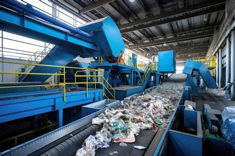 폐기물 분류 공장 다양한 가정용 쓰레기로 가득 찬 다양한 컨베이어 및 빈 컨베이어 폐기물 처리 및 재활용 폐기물 처리 공장 프리미엄 사진