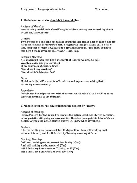 Celta Assignment 1 Meaning Context Pdf Verb Cognition