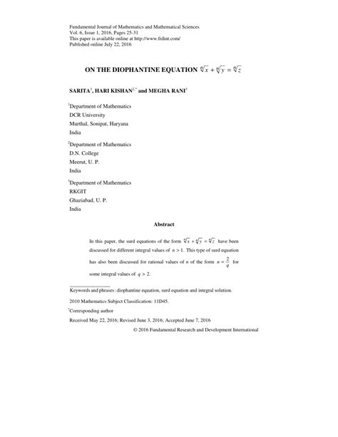 Pdf On The Diophantine Equation
