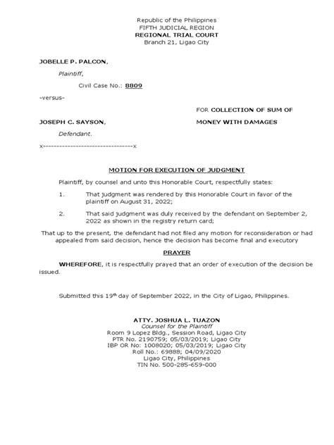 Motion For Execution Of Judgment Pdf