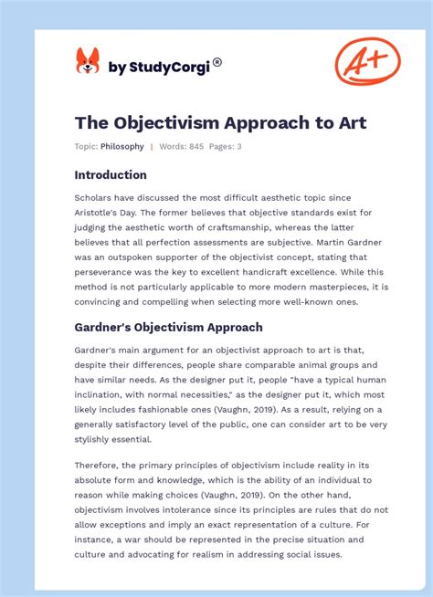 The Objectivism Approach To Art Free Essay Example