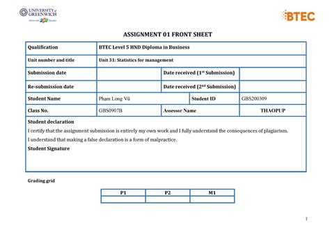 570 Assignment 1 Long Vũ Assignment 01 Front Sheet Qualification Btec Level 5 Hnd Diploma In