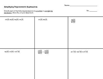 Simplify Trigonometric Expressions Mini Quiz Or Warm Up Questions