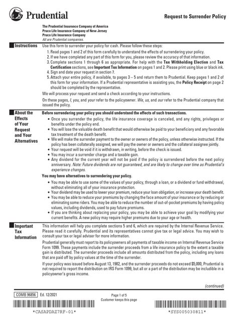 Prudential Surrender Pdf Income Tax In The United States Insurance