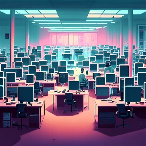 Computer Room With Rows Of Computer Desks 3d Render Illustration Stock