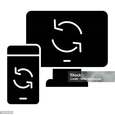 장치 간 동기화 솔리드 아이콘입니다 컴퓨터 및 스마트폰과의 와이파이 연결 멀티미디어 벡터 디자인 개념 글리프 스타일 픽토그램 흰색 사용 및 앱 Eps 10 Brand