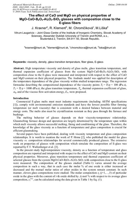 The Effect Of Cao And Mgo On Physical Properties Of Mgo Cao B2o3 Al2o3 Sio2 Glasses With