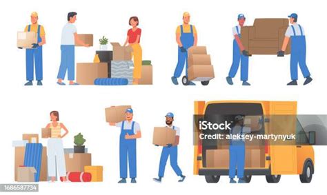 상자와 가구를 나르는 이삿짐 및 배달 노동자 이사하는 집 상자에 물건을 포장하는 사람들 나름에 대한 스톡 벡터 아트 및 기타