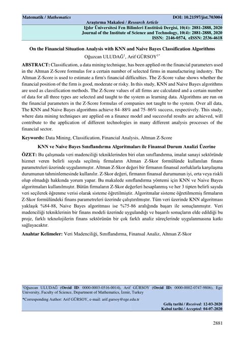 Pdf On The Financial Situation Analysis With Knn And Naive Bayes Classification Algorithms