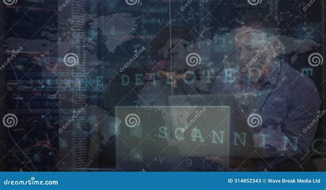 image of cyber security data processing over world map against male