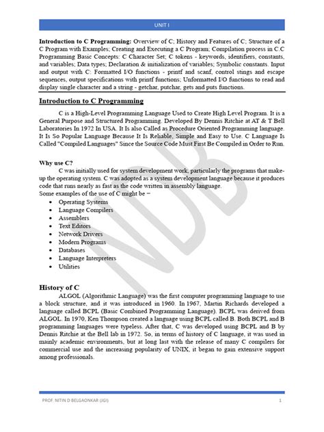 Unit 1 Introduction To C Pdf C Programming Language Integer Computer Science
