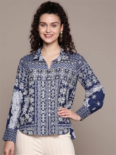 Buy Aarke Ritu Kumar Women Blue Relaxed Floral Printed Casual Shirt