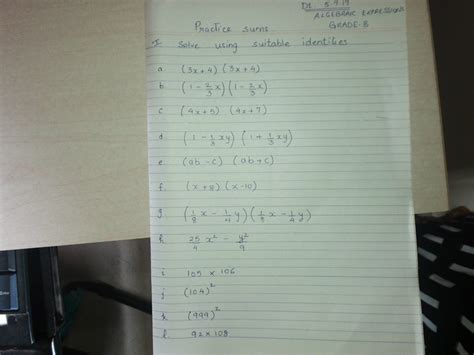 PIS VADODARA STD 8 Grade 8 Practice Sums Of Algebraic Identities