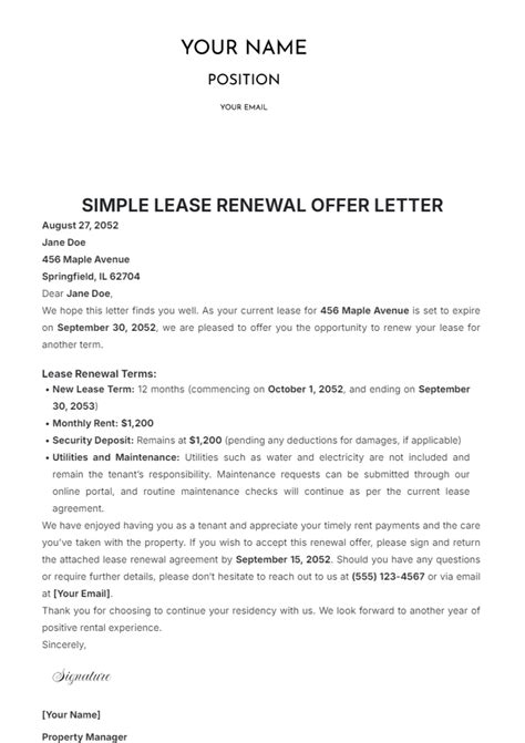 Free Simple Lease Renewal Offer Letter Template To Edit Online