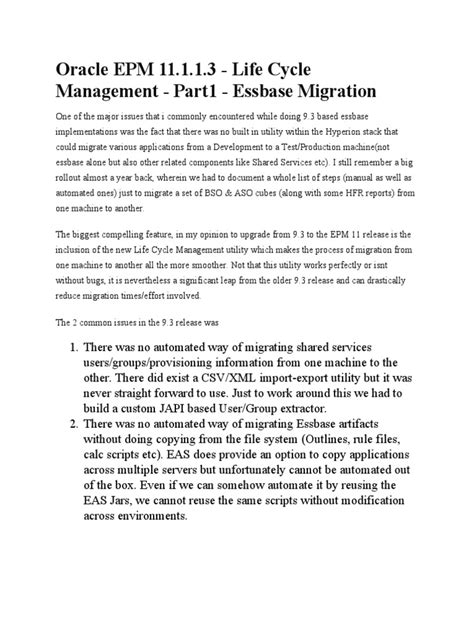 Oracle Epm 11 1 1 3 Life Cycle Management Part1 Essbase Migration Pdf Computer File