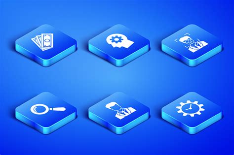 시간 관리 설정 지폐 현금 쌓기 비즈니스 정장을 입은 남자의 사용자 돋보기 기어 내부가있는 사람의 머리 및 얼굴 인식 아이콘 벡터 3차원 형태에 대한 스톡 벡터 아트 및