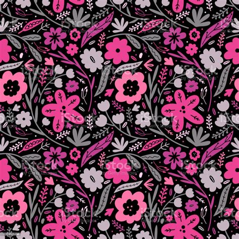 다른 꽃과 허브와 함께 여름 초원을 꽃 어두운 배경에 다양한 식물 요소와 꽃 원활한 패턴 패션 프린트 스칸디나비아 스타일의 손으로 그린 벡터 일러스트레이션 0명에 대한 스톡