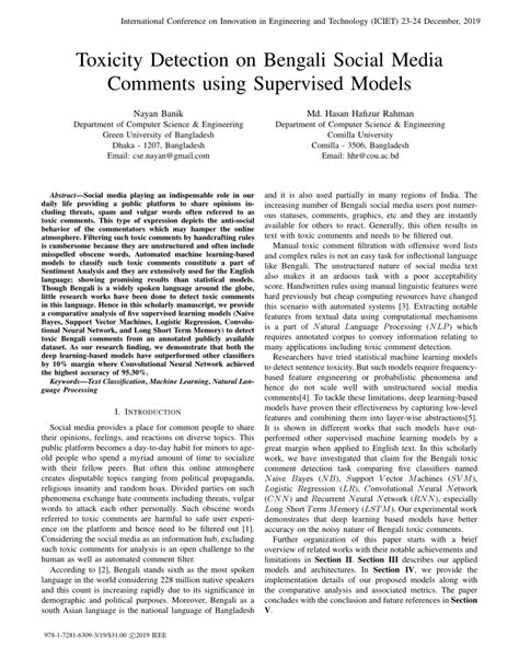 Pdf Toxicity Detection On Bengali Social Media Comments Using Supervised Models