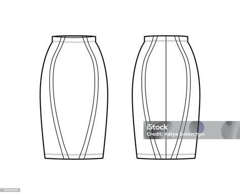 스트레이트 세미 핏 무릎 실루엣 연필 충만 얇은 허리 밴드 스커트 칼집 기술 패션 일러스트 0명에 대한 스톡 벡터 아트 및 기타 이미지 Istock