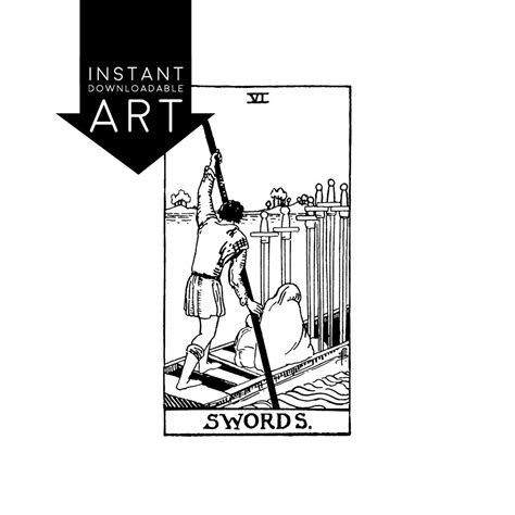 Digital Print Six Of Swords Tarot Card Instant Download Rider Waite
