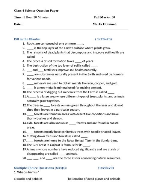 Class 4 Science Question Paper Pdf Soil Forests