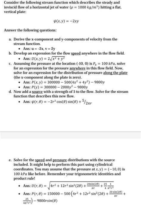 SOLVED Consider The Following Stream Function Which Describes The Steady And Inviscid Flow Of A