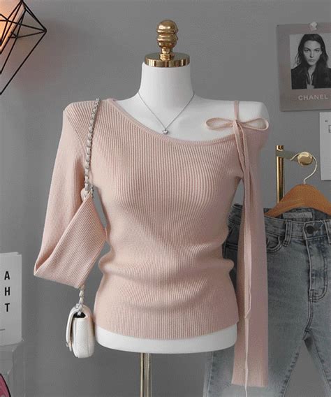찐이쁨🩷후기극찬여리핏 원숄더오프 발레코어🎀슬림핏 골지니트 언발리본슬림골지니트 에이블리