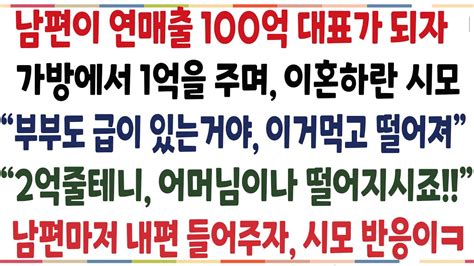반전신청사연남편이 연매출100억 대표가 되자 부부도 급이 있다며 가방에서 1억을 주며 먹고 떨어지란시모 며느리고 뭐고 역관광 시켜줬습니다 신청사연 사이다썰 사연