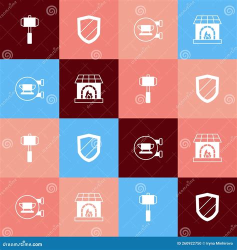 Set Pop Art Sledgehammer Shield Blacksmith Anvil Tool And Oven Icon