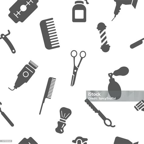 이발소 패턴 남자 살롱 실루엣 아이콘입니다 패션 뷰티 미용사 남성 머리카락을위한 작업 브러시 수염 면도 날카로운 면도기와 가위 이발소 인쇄 벡터 원활한 배경 0명에 대한