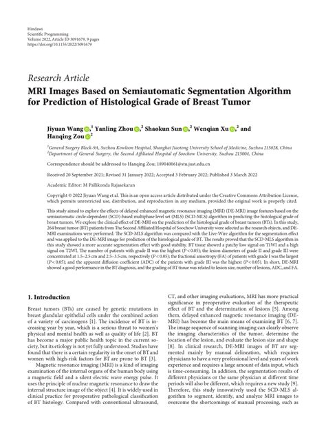 Pdf Mri Images Based On Semiautomatic Segmentation Algorithm For Prediction Of Histological