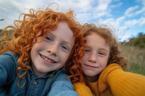 Premium Photo Happy Red Ginger Hair Brother And Sister Having Fun Doing Selfie Outdoor Focus