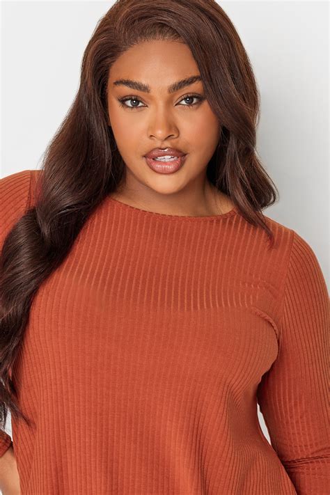 Yours Plus Size Rust Orange Ribbed Long Sleeve Swing Top Yours Clothing