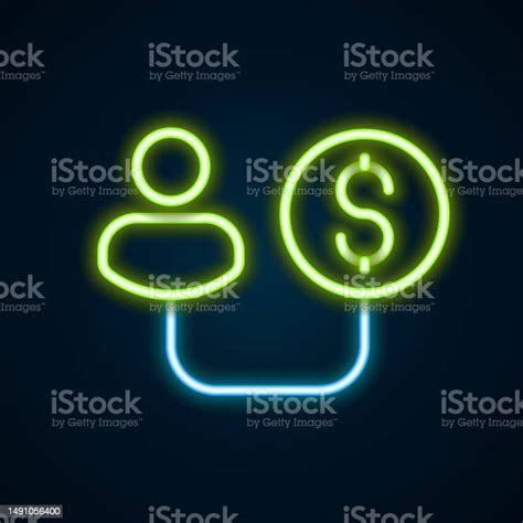 빛나는 네온 라인 인간과 돈 아이콘은 검은 배경에 분리되어 있습니다 투자 유치의 개념 대기업 이익 유치 및 성공 다채로운 개요
