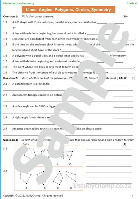 Grade 6 Maths Test Geometry Lines Angles And Polygons