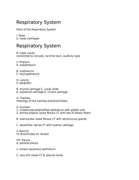 Respiratory System Notes Respiratory System Parts Of The